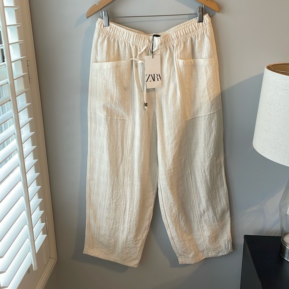 Zara | Pants & Jumpsuits | Nwt Zara Cream Drawstring Cropped Beach ...